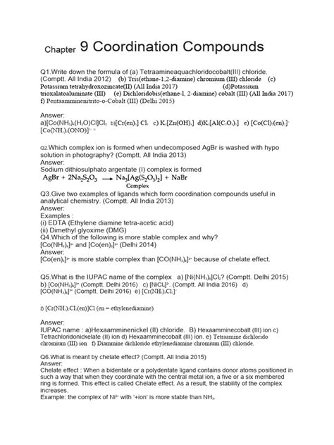 Chapter 9 Coordination Compounds Pdf Ligand Coordination Complex