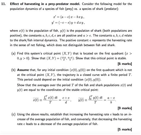 Solved 11 Effect Of Harvesting In A Prey Predator Model
