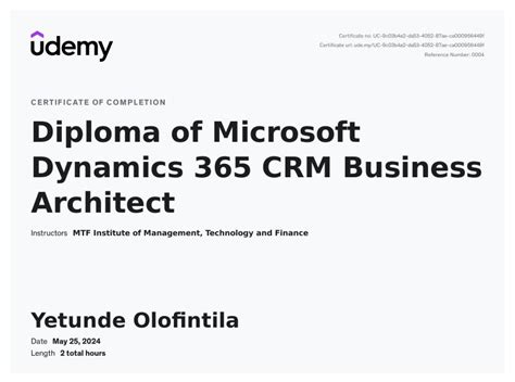 Completed Microsoft Dynamics 365 Business Architect Course Yetunde