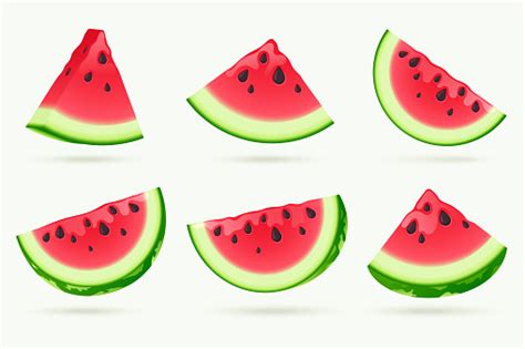 3d 스타일의 다채로운 수박 조각 세트 녹색 껍질과 씨앗이 있는 신선하고 육즙이 많은 빨간 과일 조각 흰색 배경에 격리되어