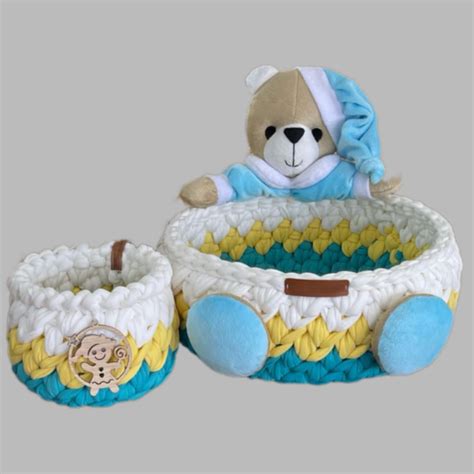 سبد قلاب بافی تریکو طرح سیسمونی نوزادی مدل عروسک خرسی مجموعه 2 عددی