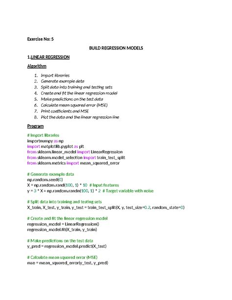 Experiment 5 Aiml Excercise Exercise No 5 Build Regression Models