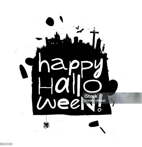 비문과 함께 멋진 스티커 해피 할로윈 글자 세련된 손글씨 글꼴입니다 축제 무서운 엽서 거미에 대한 스톡 벡터 아트 및 기타 이미지 Istock