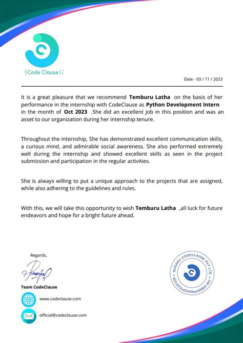 Finally Achieved The Letter Of Recommendation From Codeclause Thank You
