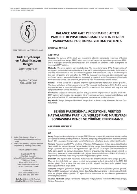 Pdf Balance And Gait Performance After Particle Repositioning Maneuver In Benign Paroxysmal