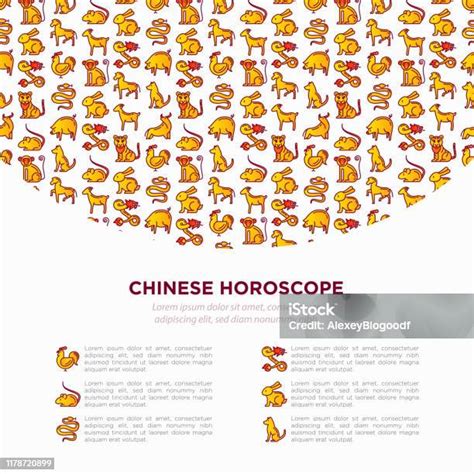 중국 별자리 개념 얇은 라인 아이콘 수탉 황소 마우스 용 호랑이 토끼 돼지 말 개 원숭이 염소 달력에 대한 현대 벡터 그림 인쇄