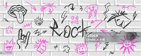 낙서가 있는 지하철 타일 검은색과 분홍색 그런지 록 낙서 요소 로큰롤 펑크 음악 기호 숯으로 그려진 번개 구름 화살표 펑크 만화 얼굴이 있는 벡터 벽 벽돌 거리에 대한 스톡