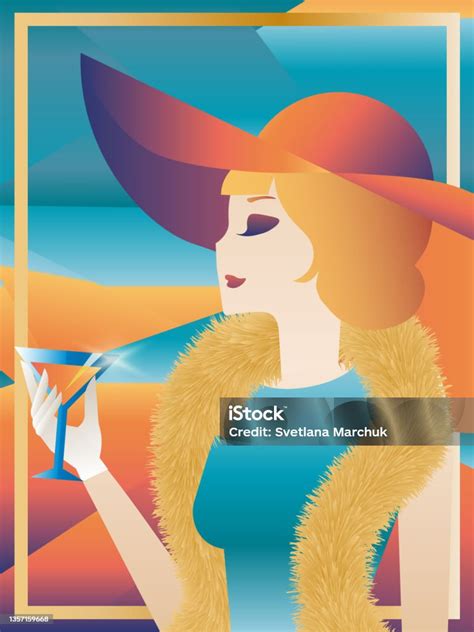 모자를 쓴 소녀가 칵테일을 들고 있는 잔을 들고 있다 복고풍 1920 아르 데코 여자에 대한 스톡 벡터 아트 및 기타 이미지 여자 호화로움 모자 모자류 Istock