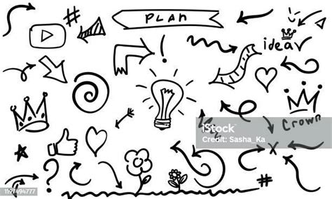 격리 벡터 손으로 그린 화살표 세트입니다 벡터 크라운 기호입니다 손으로 그린 화살표 낙서 스케치 및 기호 컬렉션입니다 흰색