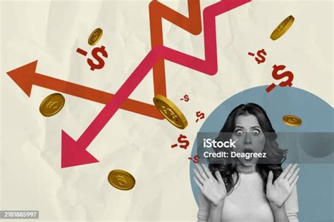 복합 경향 삽화 스케치 이미지 사진 콜라주 상인 사업 손실 위기 인플레이션 은행 신용 동전 젊은 충격을받은 아가씨 쳐다 보는 20 24세에 대한 스톡 사진 및 기타 이미지