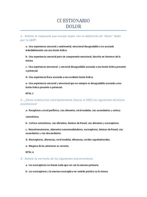 Cuestionario Dolor Dolor Sentidos