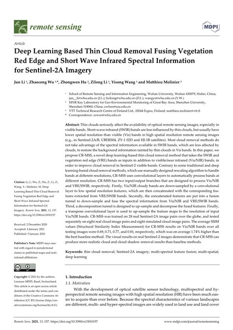 Pdf Deep Learning Based Thin Cloud Removal Fusing Vegetation Red Edge And Short Wave Infrared