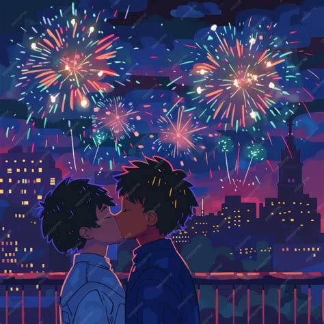 Happy Gay Couple Kissing On The Background Of The Night City And Fireworks Premium Ai