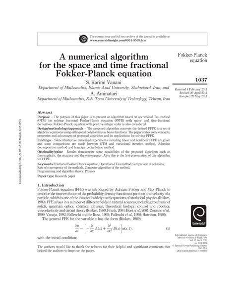 Pdf A Numerical Algorithm For The Space And Time Fractional Fokker Planck Equation