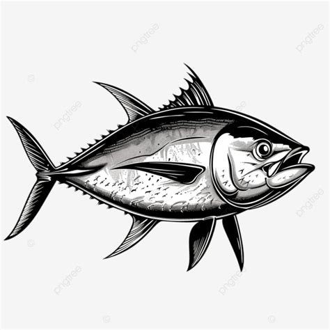 รูปแปซิฟิก Albacore Thunnus Alalunga หรือ Longfin Tuna มุมมองด้านข้าง ภาพพิมพ์ย้อนยุค ขาวดำ Png