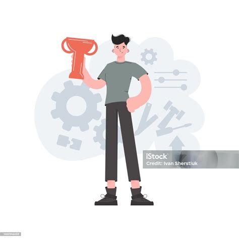 남자는 올린 잔으로 그의 전체 높이에 서 있습니다 승리 프리젠 테이션 사이트를위한 요소 개념에 대한 스톡 벡터 아트 및 기타 이미지 Istock