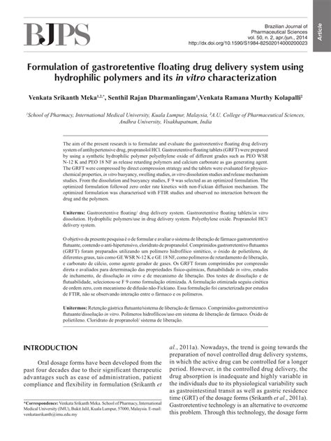 Pdf Formulation Of Gastroretentive Floating Drug Delivery System Using Hydrophilic Polymers