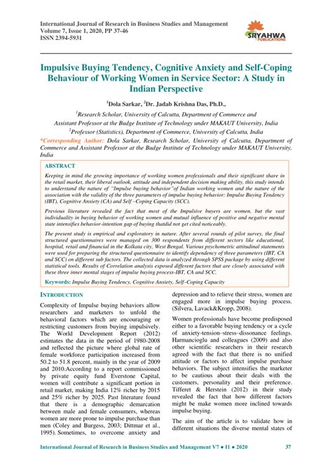 Pdf Impulsive Buying Tendency Cognitive Anxiety And Self Coping Behaviour Of Working Women In