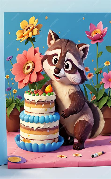 Premium Photo 3d Animation Style A Raccoon Eats Cake Cartoon Cute