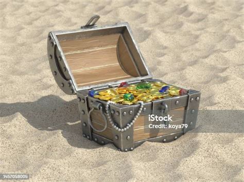 황금 동전 보석 및 진주 3d 렌더링으로 가득한 모래 위에 보물 상자를 엽니다 3차원 형태에 대한 스톡 사진 및 기타 이미지 3차원 형태 가득 찬 강철 Istock