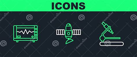 Set Line Microscope Computer Monitor With Cardiogram And Satellite Icon Vector Stock Vector