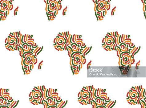 완벽 한 패턴 배경 장식 기호 아프리카지도 아프리카 대륙의 실루엣 추상 라인 장식 범 아프리카 국기의 색상 빨강 노랑 녹색 흑인 역사의 달 아프리카의 날에 대한 벡터 배경