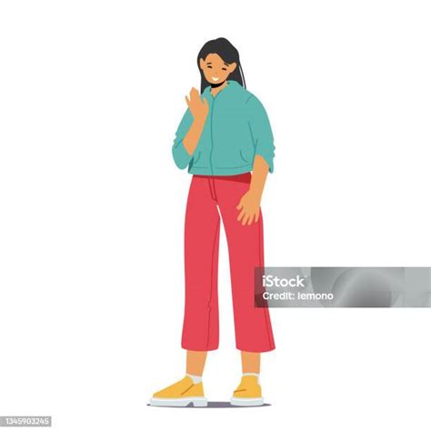 행복한 아시아 여성 캐릭터 흔들기 손 여자 인사 인사 친구 쾌활한 소녀 긍정적 인 감정 안녕하세요 손 흔들기에 대한 스톡 벡터