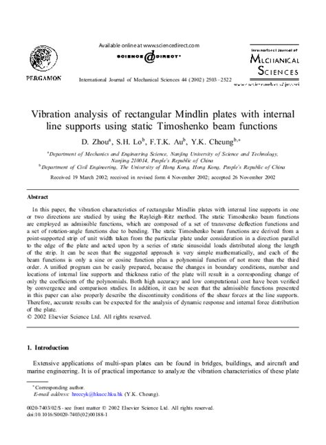 Pdf Vibration Analysis Of Rectangular Mindlin Plates With Internal Line Supports Using Static