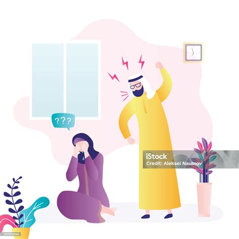 무슬림 가정의 폭력 남편이 아내를 때린다 아랍 남성 학대자와 우는 여성 우울증 스트레스 이혼 관계 가족 갈등 객실 인테리어 가족에 대한 스톡 벡터 아트 및 기타 이미지