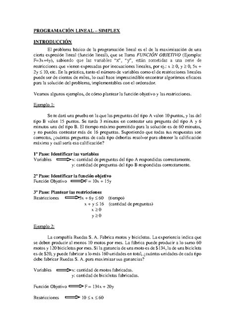 Programación Lineal Gráfico Y Simplex Síntes ProgramaciÓn Lineal Simplex IntroducciÓn El