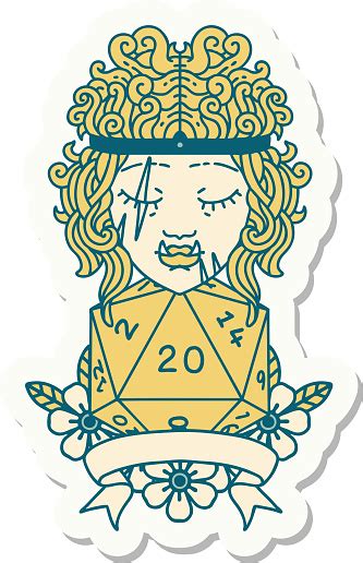 하프 오크 야만인 캐릭터와 천연 20 주사위 롤 스티커 굴리기에 대한 스톡 벡터 아트 및 기타 이미지 굴리기 도깨비