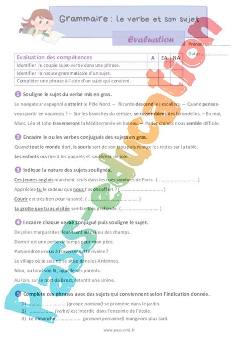 Le verbe et son sujet Évaluation de grammaire pour le cm Cycle PDF à imprimer