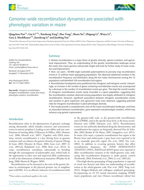Pdf Genome Wide Recombination Dynamics Are Associated With Phenotypic Variation In Maize