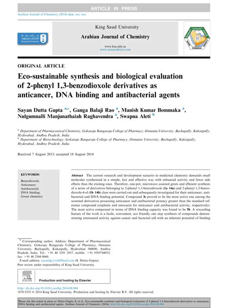 Pdf Eco Sustainable Synthesis And Biological Evaluation Of 2 Phenyl 13 Benzodioxole
