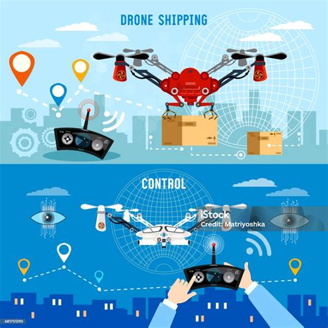 무인 배달 배너 현대 무인 항공기 및 Quadrocopter 골 판지 상자를 들고에 대 한 원격 제어 배달 현대 기술에 대 한 드 론 Multicopter에 대한 스톡 벡터