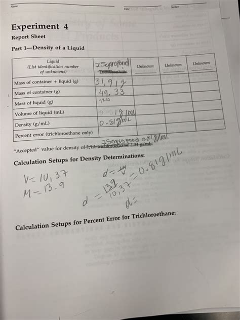 Solved Experiment Report Sheet Part Density Of A Liquid Chegg
