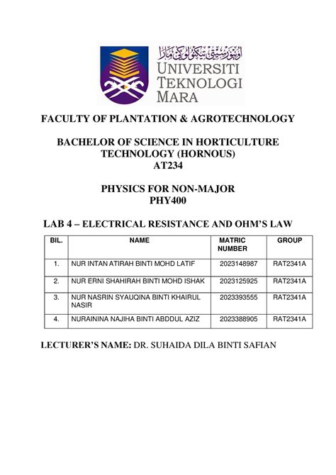 LAB 4 PHY400 FACULTY OF PLANTATION AGROTECHNOLOGY BACHELOR OF SCIENCE IN HORTICULTURE Studocu