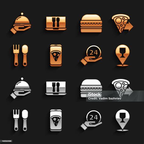 음식 주문 피자 온라인 배달 주류 맥주 바 위치 시계 24 시간 포크와 스푼 햄버거 음식 트레이와 아이콘으로 덮여 있습니다 벡터 24에 대한 스톡 벡터 아트 및 기타 이미지