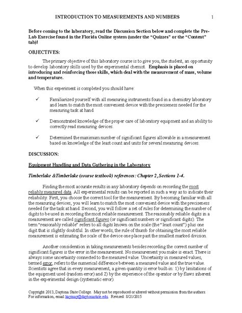 Introto Chem Lab Measurements Post Lab Report Introduction To Measurements And Numbers 1