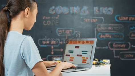 Cute Asian Girl Programing System By Using Laptop At Blackboard Edification Stock Image
