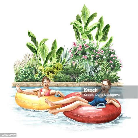 워터 파크 개념 아쿠아 파크의 수영장에서 풍선 서클에 소녀들 흰색 배경에 고립 된 손으로 그린 수채화 그림 20 24세에 대한 스톡 벡터 아트 및 기타 이미지 Istock