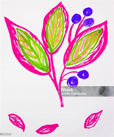 잎과 열매를 가진 귀여운 손으로 그린 수채화 꽃 줄기 분홍색과 녹색 봄 꽃 식물 정원 식물 0명에 대한 스톡 벡터 아트 및 기타