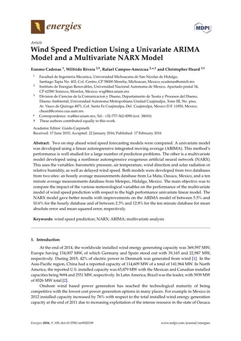 Pdf Wind Speed Prediction Using A Univariate Arima Model And A
