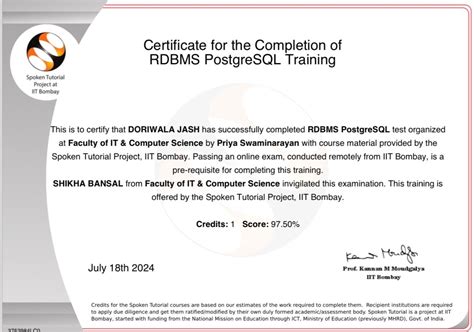 I Have Successfully Completed The Spoken Tutorial Rdbms Postgresql Jash Doriwala