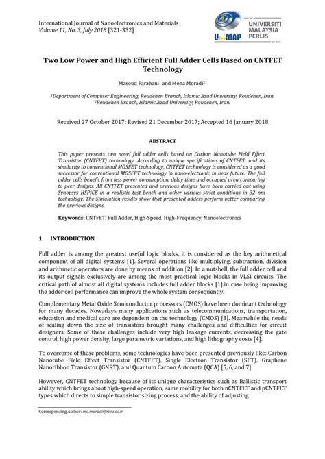 pdf two low power and high efficient full adder cells based on no