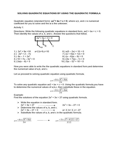 Grade 9 Solving Quadratic Equations By Using The Quadratic Formula Pdf Quadratic Equation