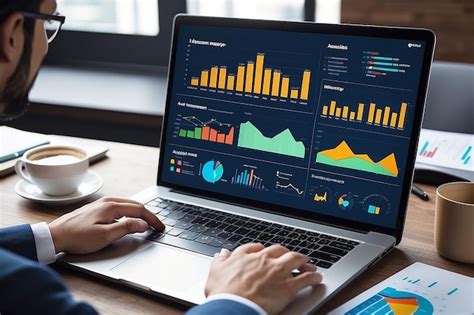 Premium Photo Businessman Works On Laptop Showing Business Analytics Dashboard With Charts Metrics