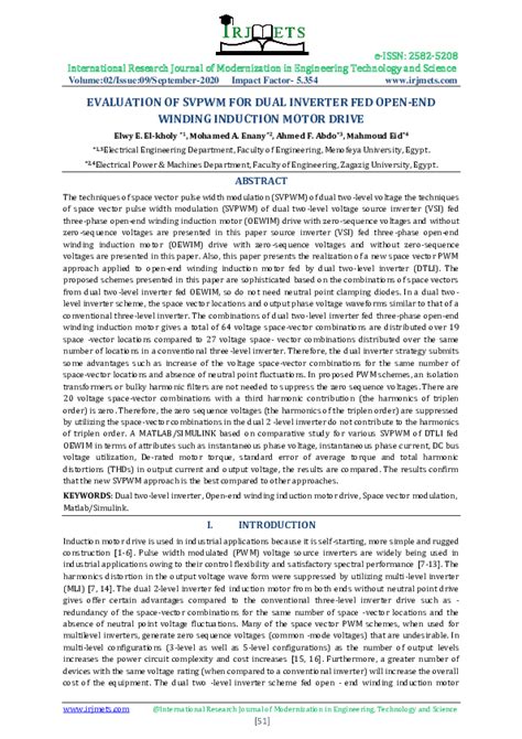 Pdf Evaluation Of Svpwm For Dual Inverter Fed Open End Winding Induction Motor Drive