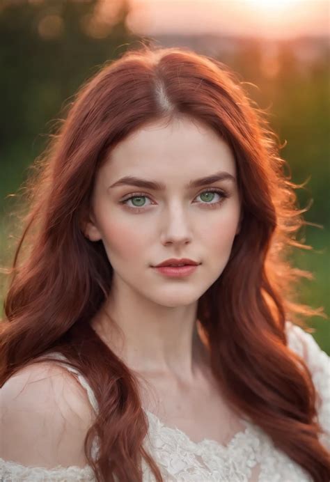 긴 빨간 머리에 하얀 드레스를 입은 여자가 카메라를 보고 있다 Seaart Ai