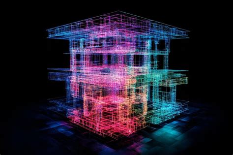 A Digital 3d Wireframe Structure Glowing Softly In Neon Colors With The Intricate Details